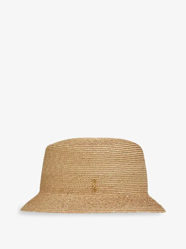 Saint Laurent Raffia Fedora Hat With Metal Cassandre Logo - Multicolor