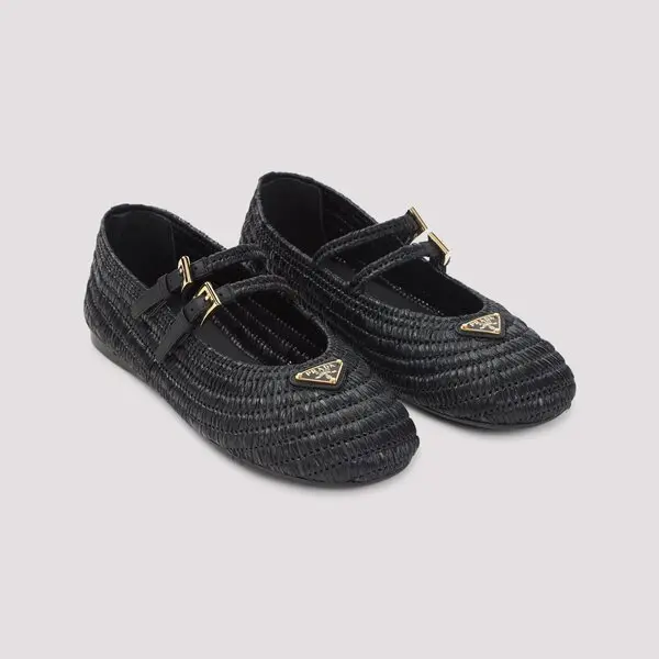 Prada Raffia Ballerinas With Metallic Logo