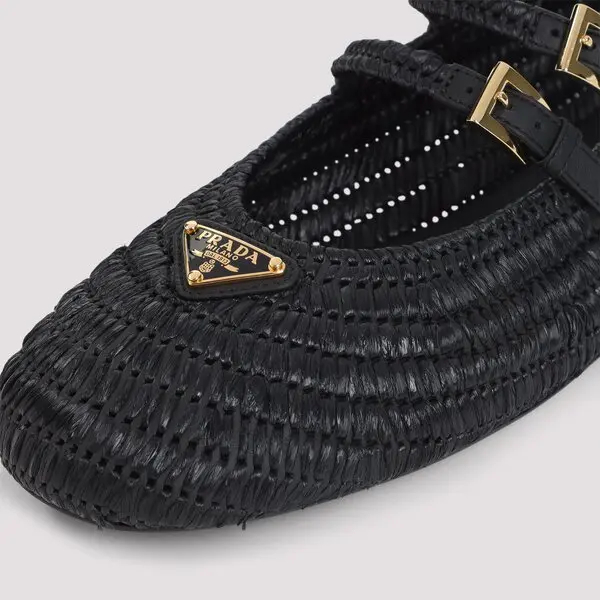 Prada Raffia Ballerinas With Metallic Logo