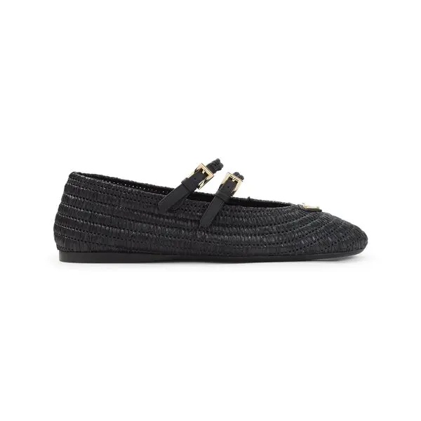 Prada Raffia Ballerinas With Metallic Logo - Black