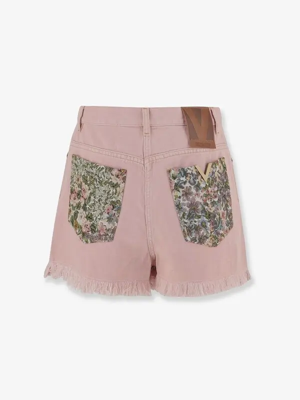 Valentino Garavani Denim Shorts With Frayed Edges And Floral Pockets - Multicolor