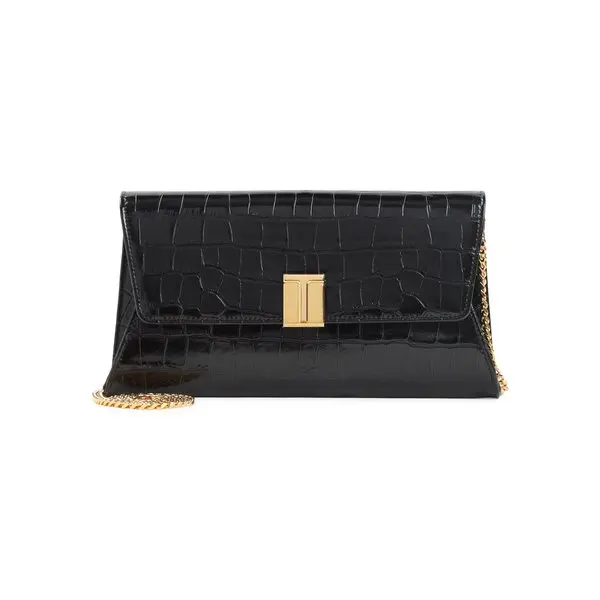TOM FORD Calf Leather Clutch With Gold-tone Buckle And Chain Strap