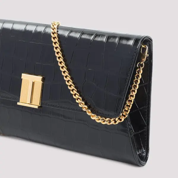 TOM FORD Calf Leather Clutch With Gold-tone Buckle And Chain Strap