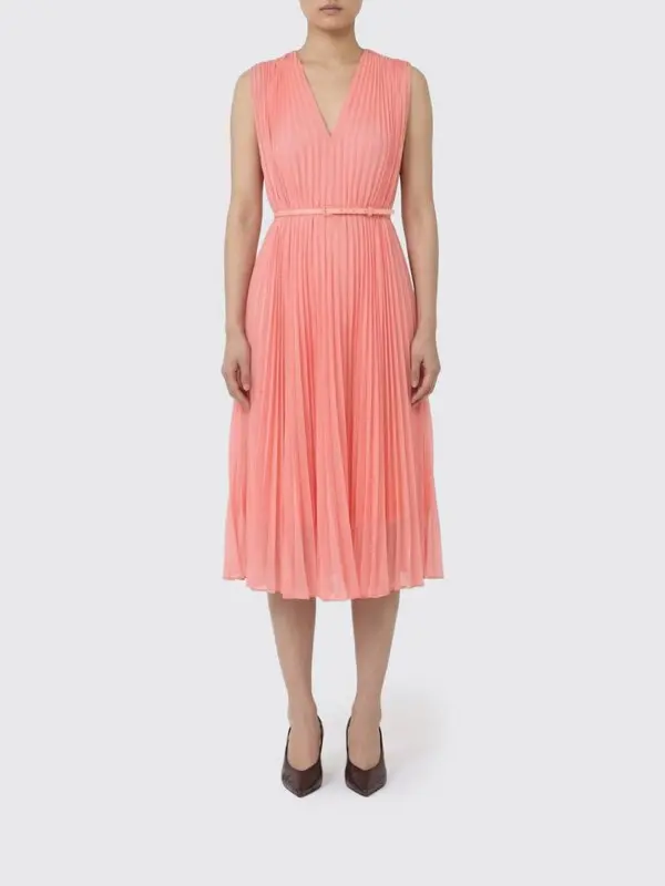 Max Mara Pleated V-neck Dress With Belt - Pink