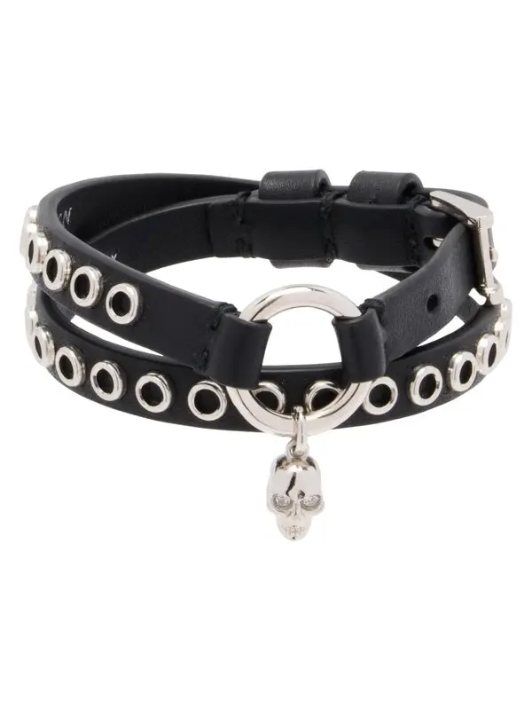 Alexander McQueen Skull Charm Leather Bracelet - Black