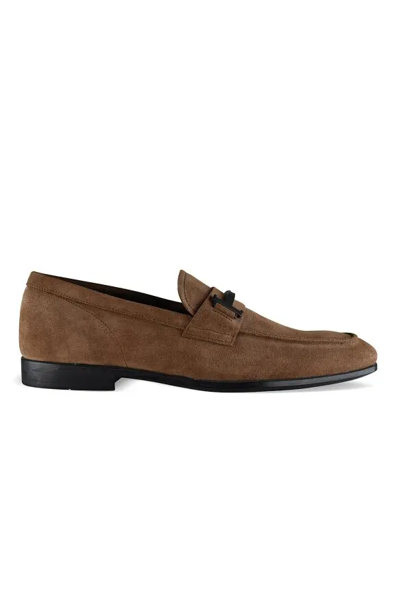 TOD'S Suede Loafers With Metal Front Bit - Brown