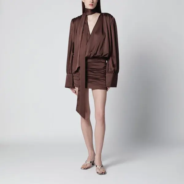 ROTATE BY BIRGER CHRISTENSEN Short Chiffon Dress With Deep V-neck And Bow Detail - Brown