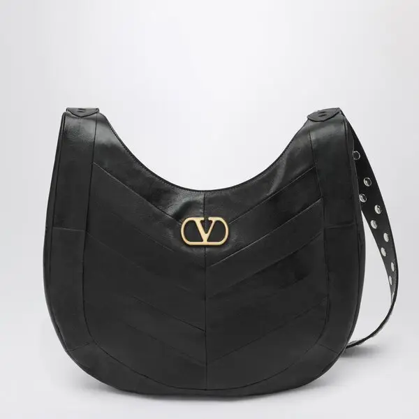 Valentino Garavani Medium Hobo Bag In Chevron-pattern Nappa - Black