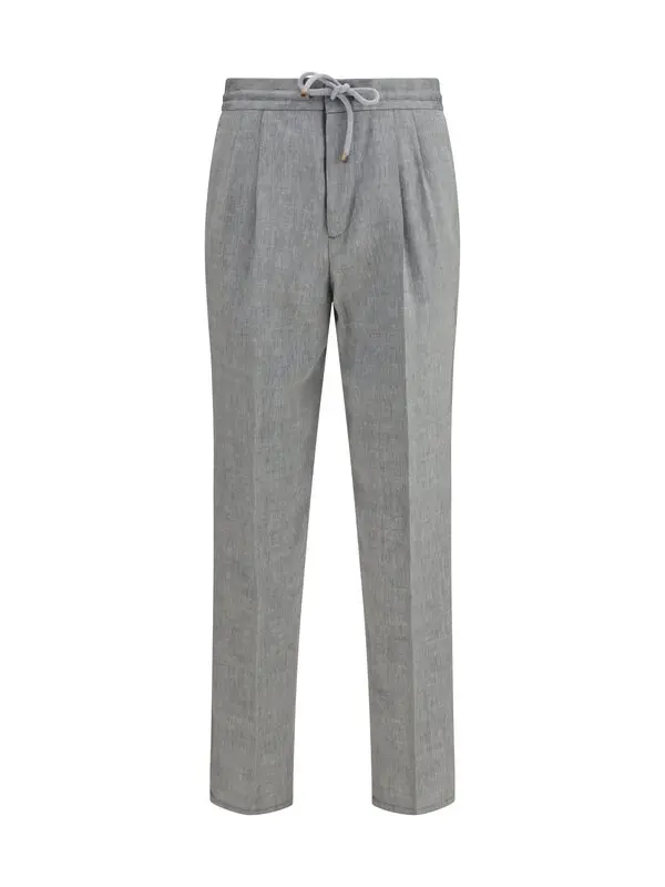 Brunello Cucinelli Herringbone Linen And Wool Pants - Gray