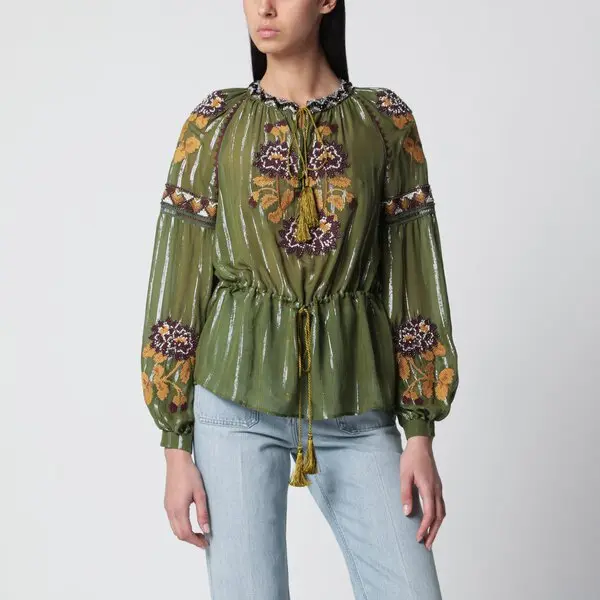 Valentino Garavani Embroidered Lurex Silk Shirt - Green