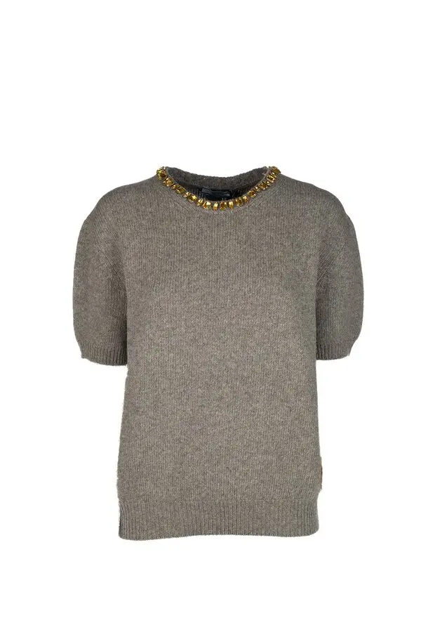 Prada Ribbed Knitwear With Embellished Neckline - Multicolor