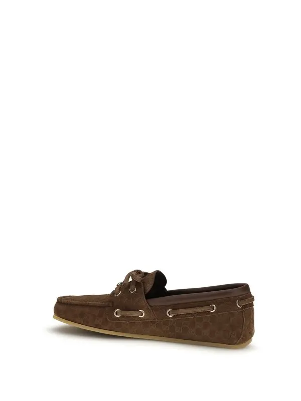 Gucci Suede Boat Loafers With Gg Supreme Pattern