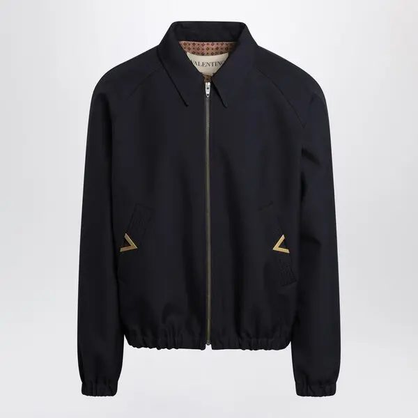 Valentino Garavani Navy Wool Blend Bomber Jacket With Vgold Pockets - Blue