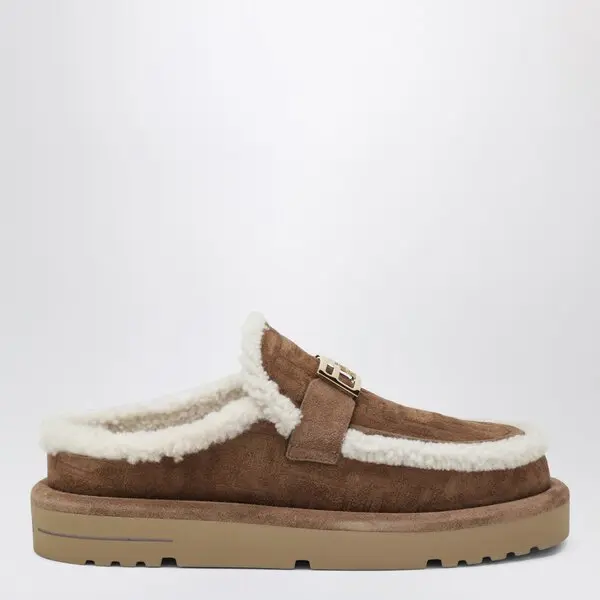Fendi Suede And Shearling Sabots With Ff Motif - Brown
