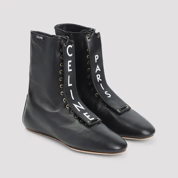 Celine Lace-up Ballet High Boots In Lambskin With Shearling Lining - Black