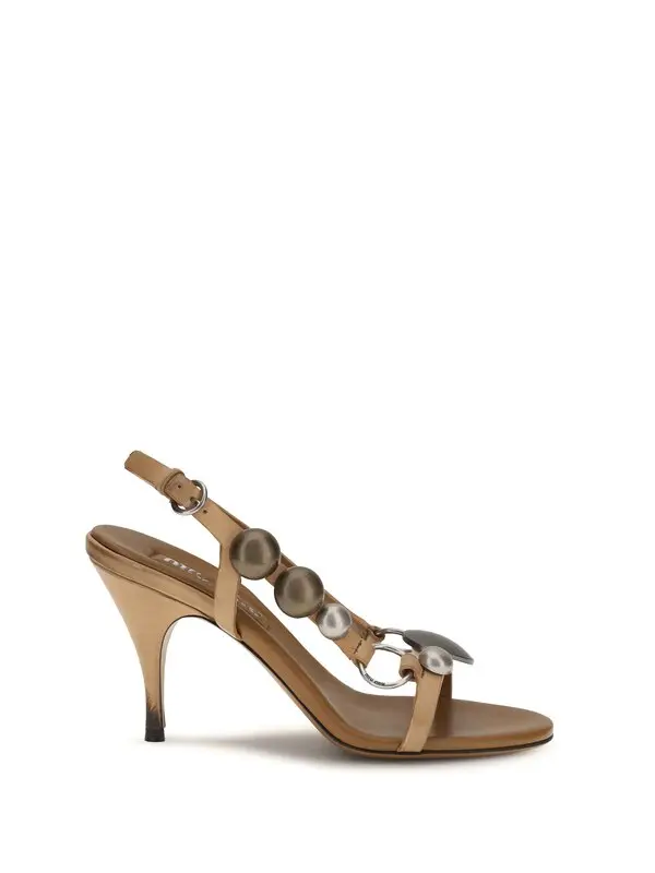Miu Miu Embellished Leather Slingback Sandals - Brown