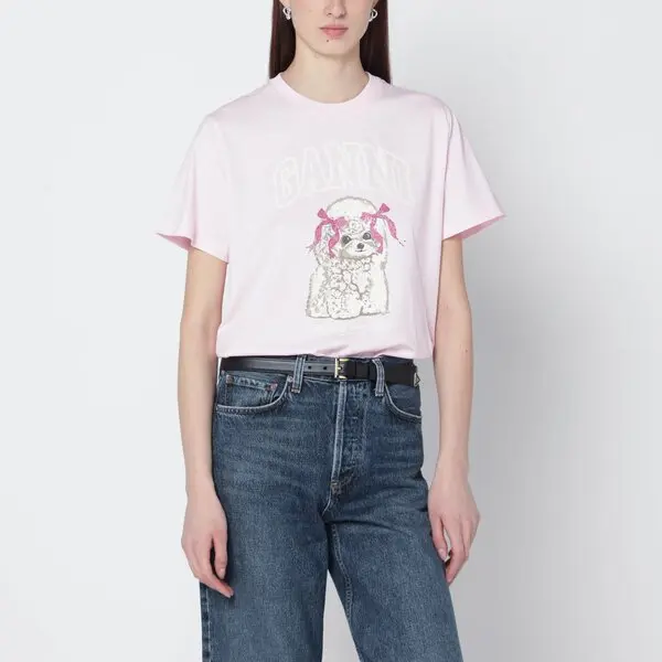 GANNI Light Organic Cotton T-shirt With Dog Motif - Pink