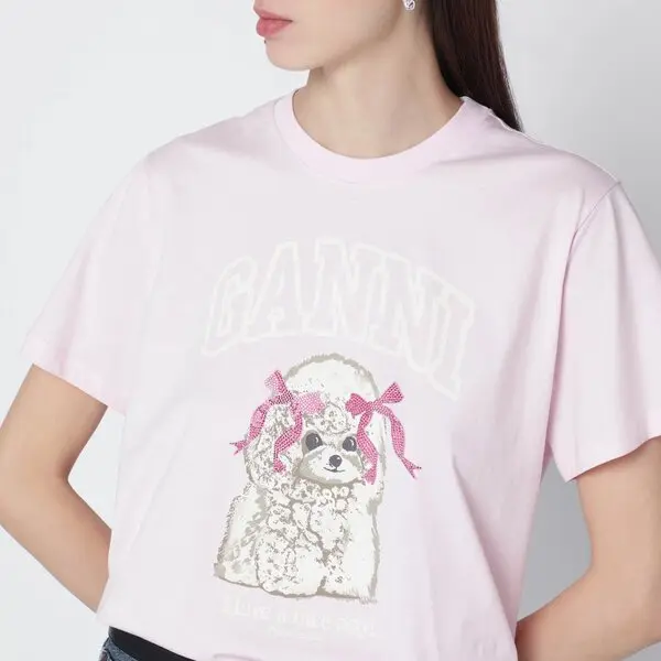 GANNI Light Organic Cotton T-shirt With Dog Motif - Pink
