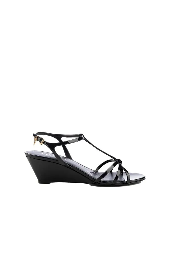 Prada Black Patent Leather Wedge Sandals With T-bar Strap Detailing