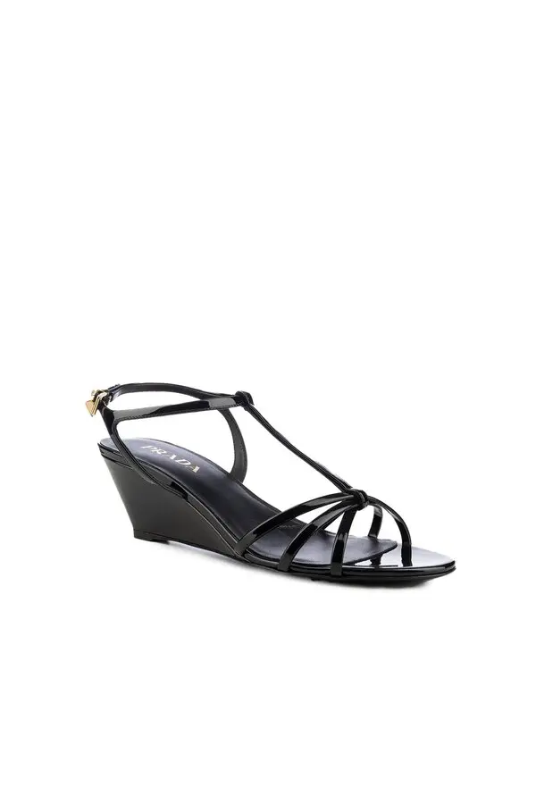 Prada Black Patent Leather Wedge Sandals With T-bar Strap Detailing