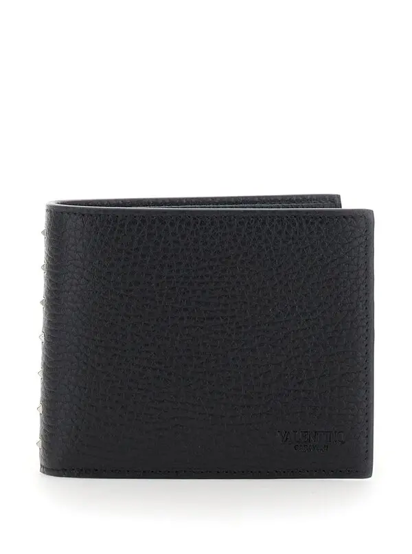 Valentino Garavani Black Bi-fold Wallet With Rockstud Details In Grained Leather - Multicolor