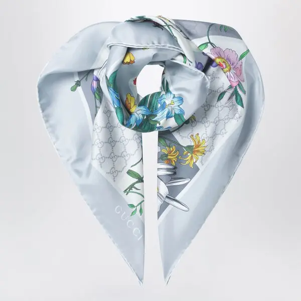Gucci Silk Twill Scarf With Flora Print - Gray