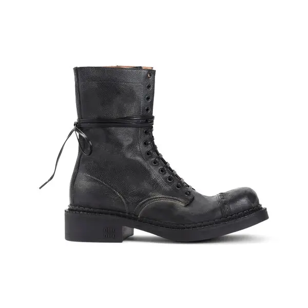 Miu Miu Calf Leather Lace-up Ankle Boots - Black