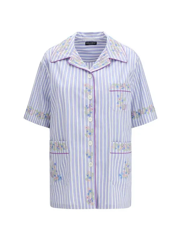 Dolce & Gabbana Striped Embroidered Floral Short-sleeve Shirt