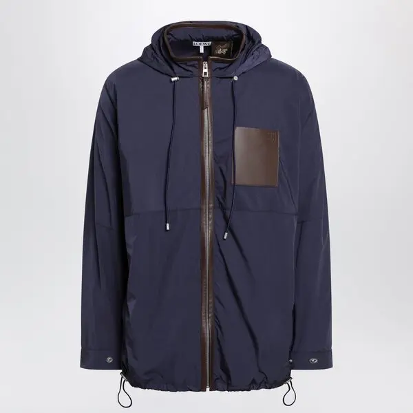 Loewe Navy Technical Micro-ripstop Hooded Jacket With Leather Trims - Blue