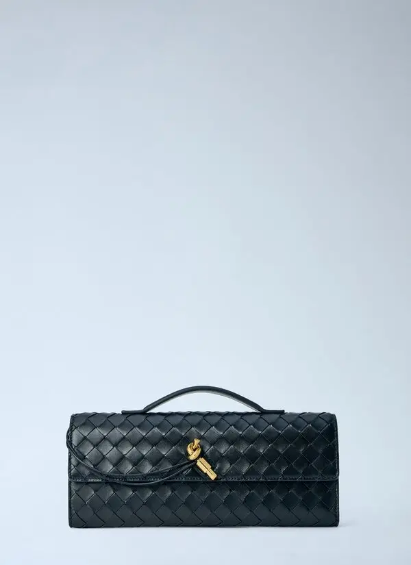 Bottega Veneta Long Andiamo Clutch In Woven Leather - Black