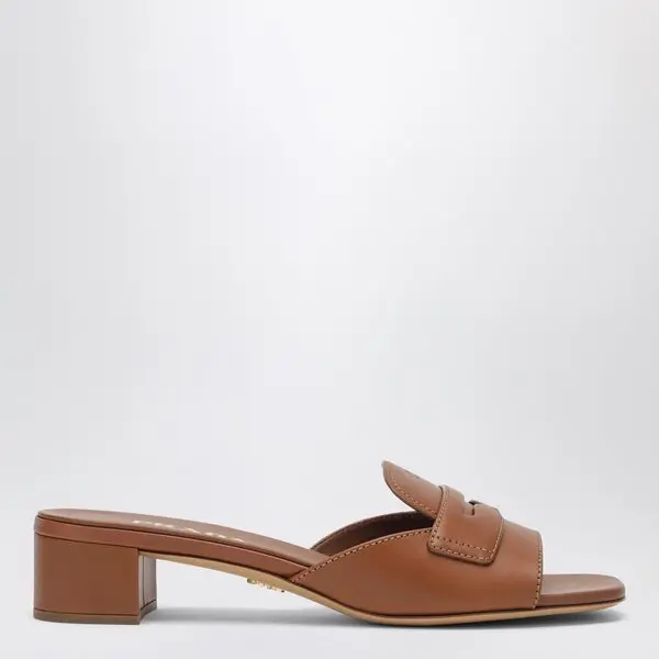 Prada Tan Leather Block Heel Sandals - Brown