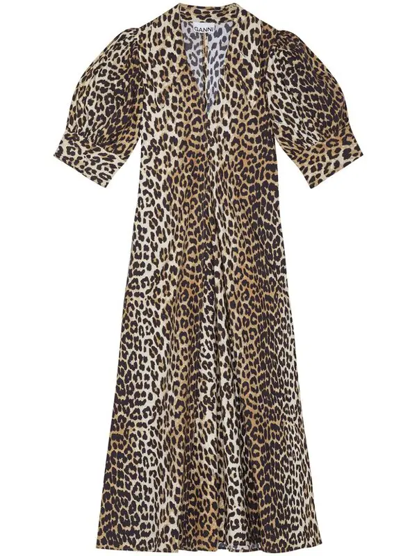 GANNI Leopard Print Organic Cotton Maxi Dress - Multicolor