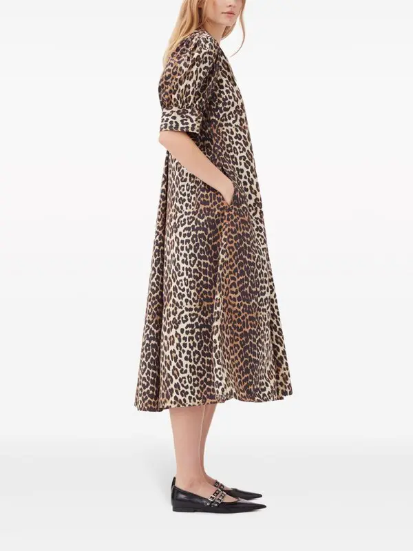GANNI Leopard Print Organic Cotton Maxi Dress - Multicolor