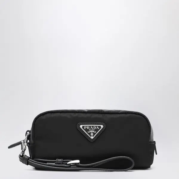 Prada Re-nylon Pouch With Enamelled Triangle Logo - Black