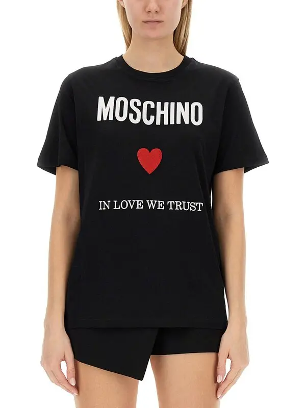 Moschino Cotton T-shirt With Logo And Heart Detail - Black