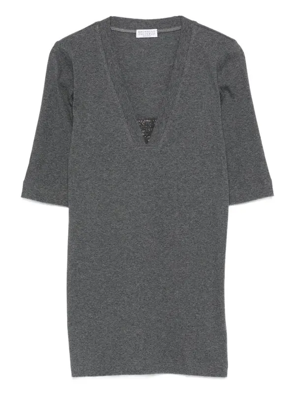 Brunello Cucinelli Grey V-neck Beaded Detail Short Sleeve Sweater - Multicolor