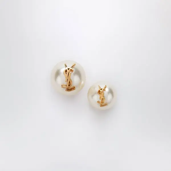 Saint Laurent Asymmetrical Earrings With Pearl And Cassandre Logo - Silver