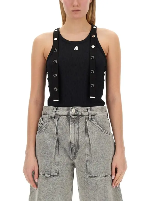 Attico Ribbed Tank Top With Embellished Straps - Black