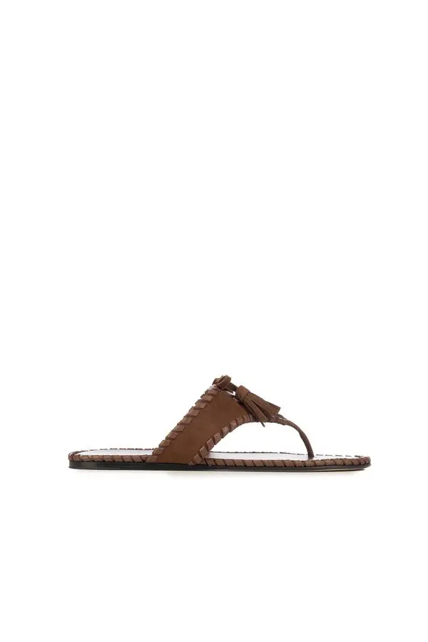 Prada Brown Suede Tassel Thong Slippers - Multicolor