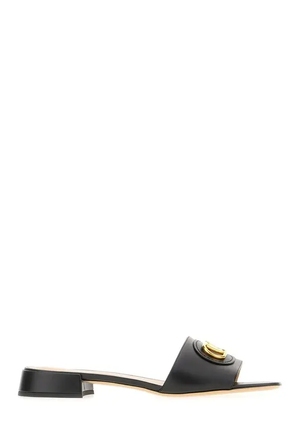 Valentino Garavani Black Leather Slide Sandals With Gold-tone Hardware - Multicolor