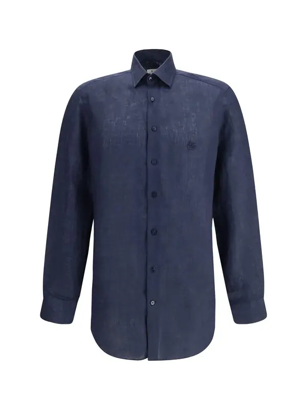 Etro Linen Shirt With Contrasting Pegaso Embroidery Logo - Blue