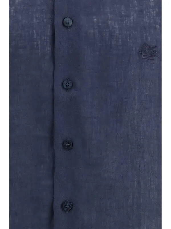 Etro Linen Shirt With Contrasting Pegaso Embroidery Logo - Blue