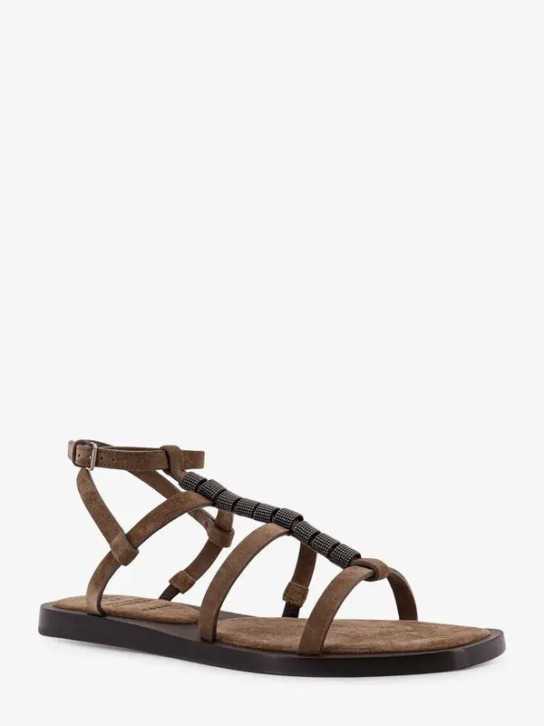 Brunello Cucinelli Suede Sandals With Monili Embellished Straps