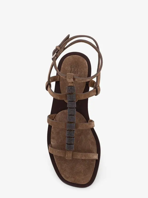 Brunello Cucinelli Suede Sandals With Monili Embellished Straps