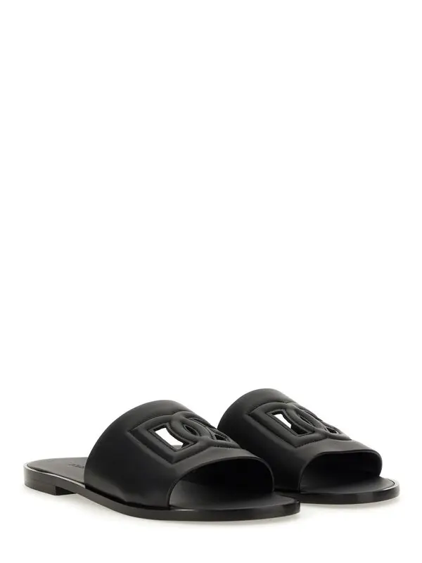 Dolce & Gabbana Leather Logo Slide Sandals - Black