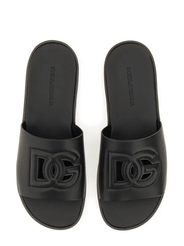 Dolce & Gabbana Leather Logo Slide Sandals - Black