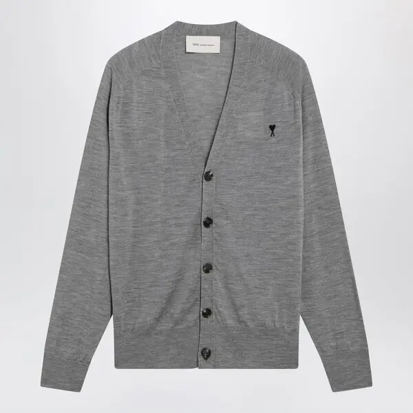 AMI Paris Merino Wool V-neck Cardigan With De Coeur Embroidery