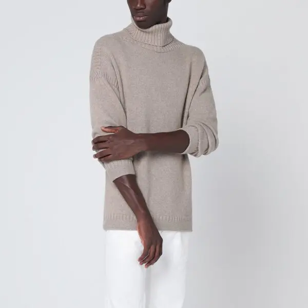 Loro Piana Greige Cashmere Turtleneck Sweater With Ribbed Details And Side Slits - Gray