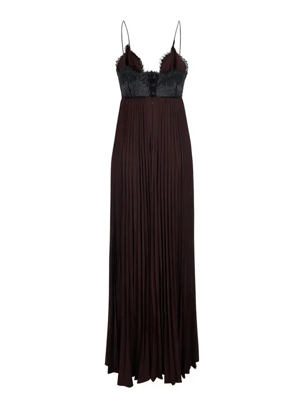 SELF-PORTRAIT Brown Satin Maxi Dress With Lace Inserts