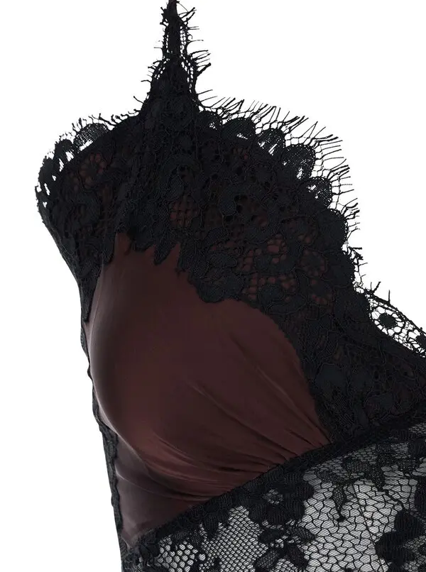 SELF-PORTRAIT Brown Satin Maxi Dress With Lace Inserts